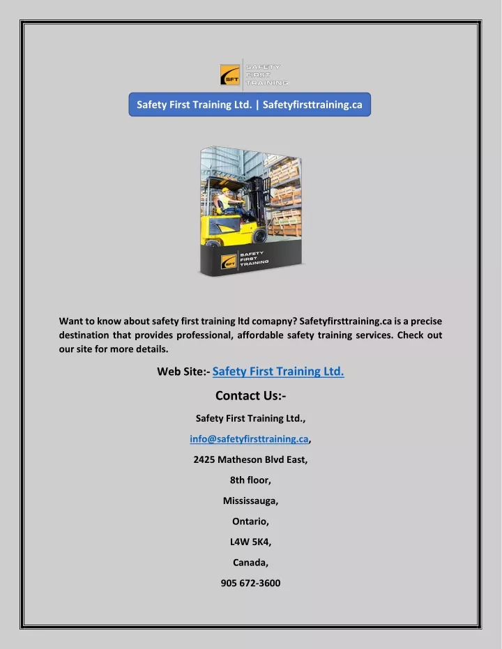 PPT - Safety First Training Ltd. | Safetyfirsttraining.ca PowerPoint ...
