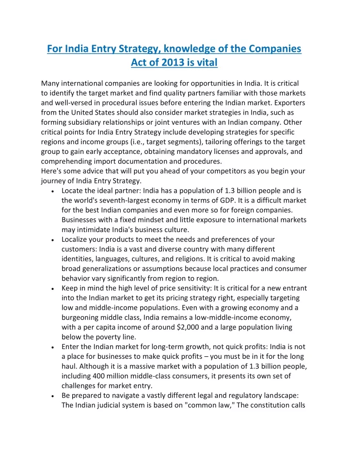 PPT - For India Entry Strategy, knowledge of the Companies Act of 2013 ...