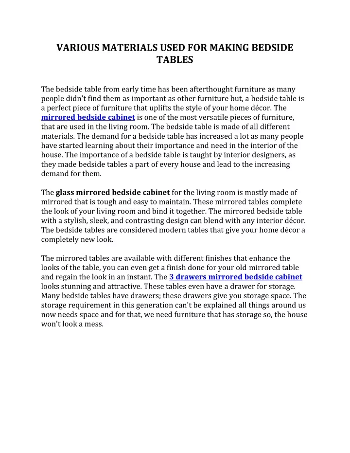 PPT - VARIOUS MATERIALS USED FOR MAKING BEDSIDE TABLES PowerPoint ...