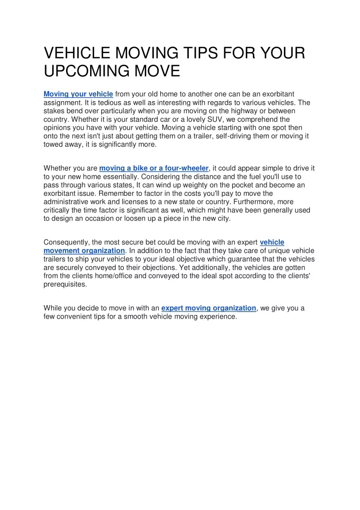 PPT - VEHICLE MOVING TIPS FOR YOUR UPCOMING MOVE PowerPoint ...