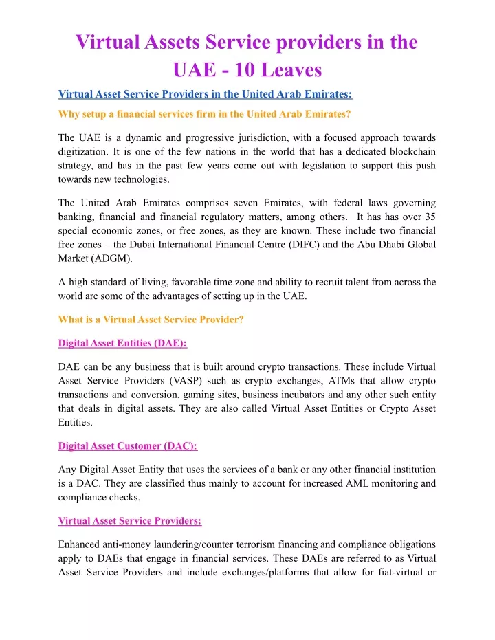 PPT - Virtual Assets Service providers in the UAE - 10 Leaves ...
