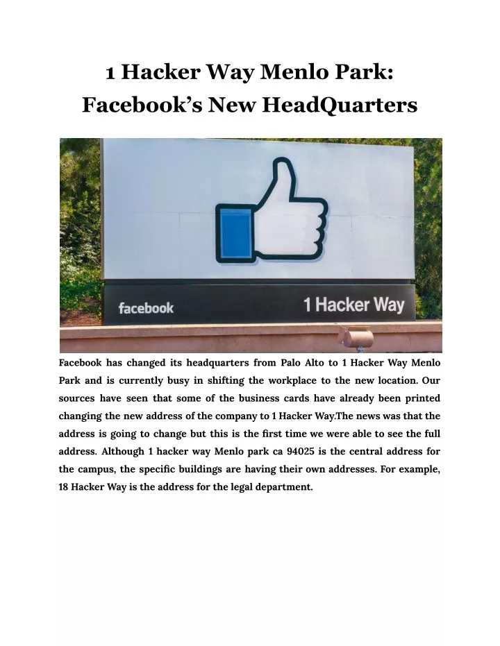 PPT - 1 Hacker Way Menlo Park: Facebook’s New HeadQuarters PowerPoint ...