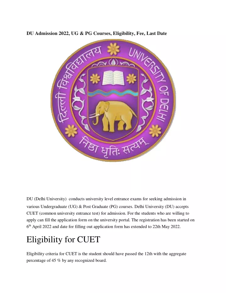 Ppt Du Admission 2022 Ug And Pg Courses Eligibility Fee Last Date