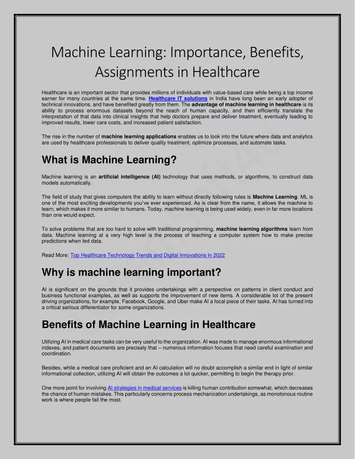 PPT - Machine Learning: Importance, Benefits, Assignments in Healthcare ...