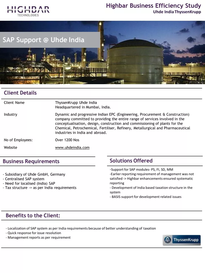 PPT - ThyssenKrupp Uhde India: SAP Implementation by Highbar Technocrat ...