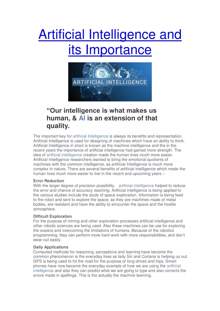 PPT - Artificial Intelligence and its Importance PowerPoint ...