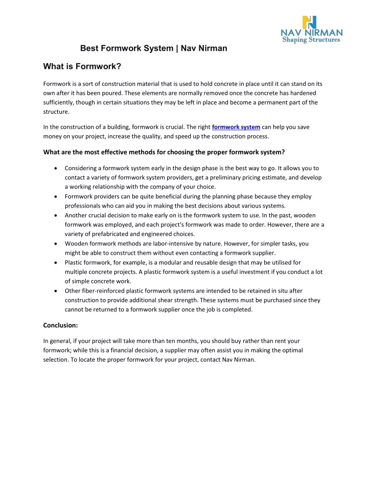 PPT - Best Formwork System | Nav Nirman PowerPoint Presentation, free ...