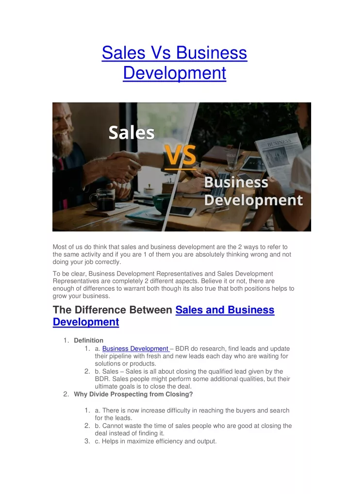 PPT - Sales Vs Business Development PowerPoint Presentation, free ...