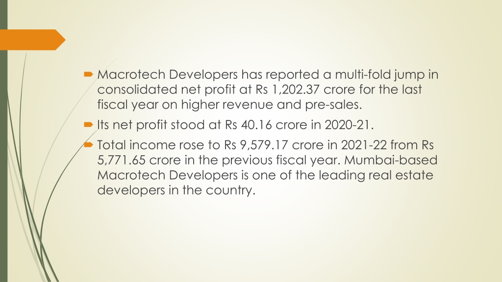 PPT - Macrotech to invest Rs 3.8k cr in FY23 on realty projects ...