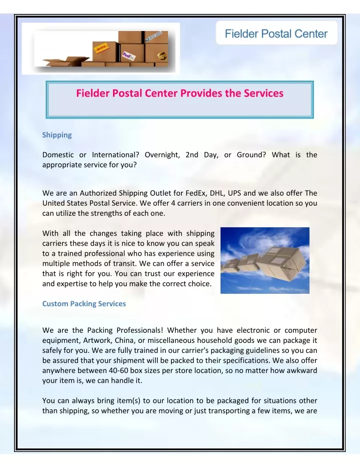 PPT - Fielder Postal Center Provides the Services PowerPoint ...