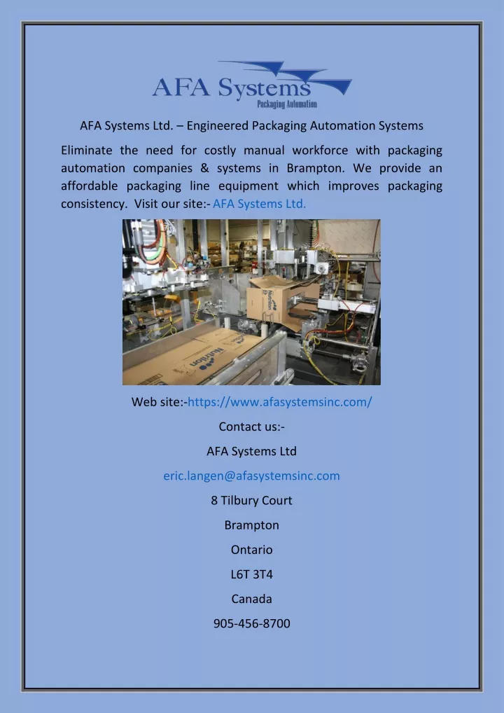 PPT - AFA Systems Ltd. – Engineered Packaging Automation Systems ...