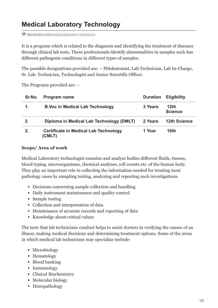 PPT - dpmiindia.com-Medical Laboratory Technology PowerPoint ...