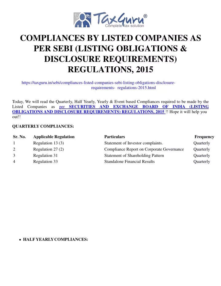 PPT - Compliances by Listed Companies as per SEBI (Listing Obligations ...