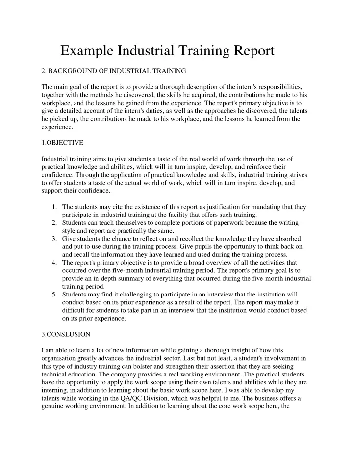 PPT - Example Industrial Training Report PowerPoint Presentation, free ...