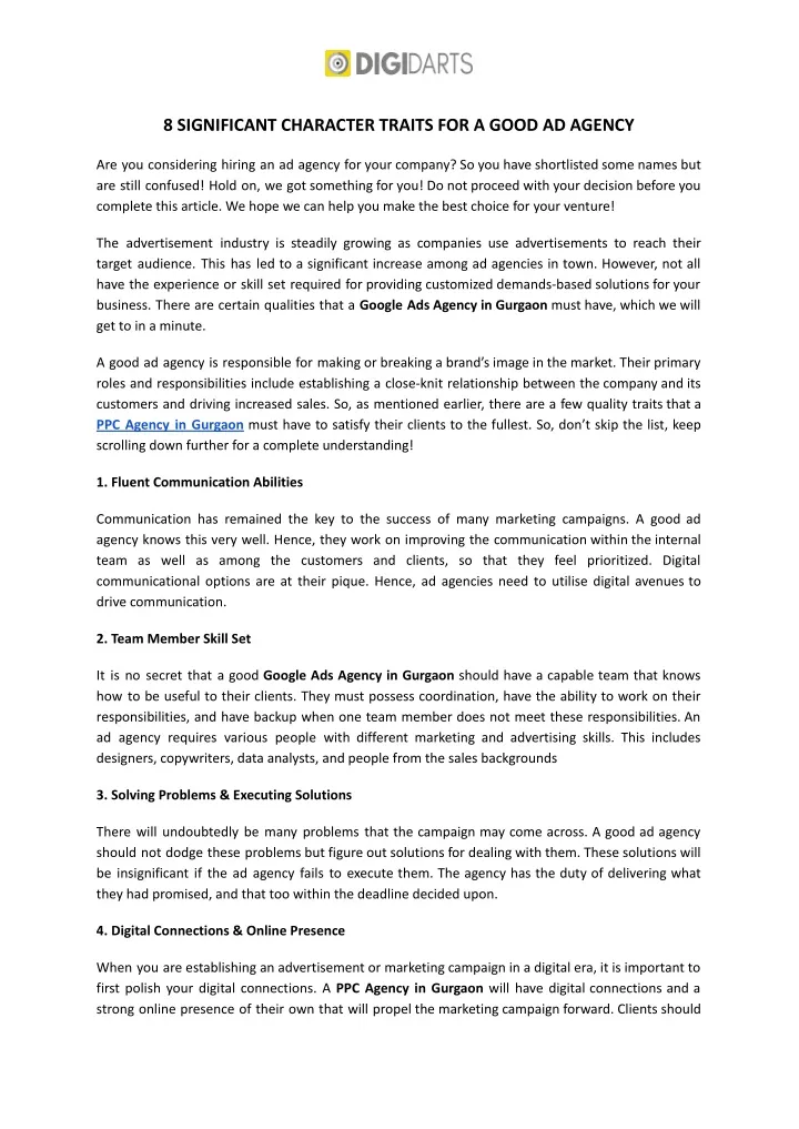 PPT - 8 Significant Character Traits For A Good AD Agency | Digidarts ...