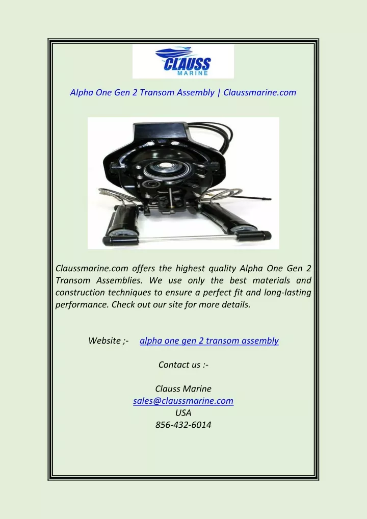 PPT - Alpha One Gen 2 Transom Assembly Claussmarine.com PowerPoint ...