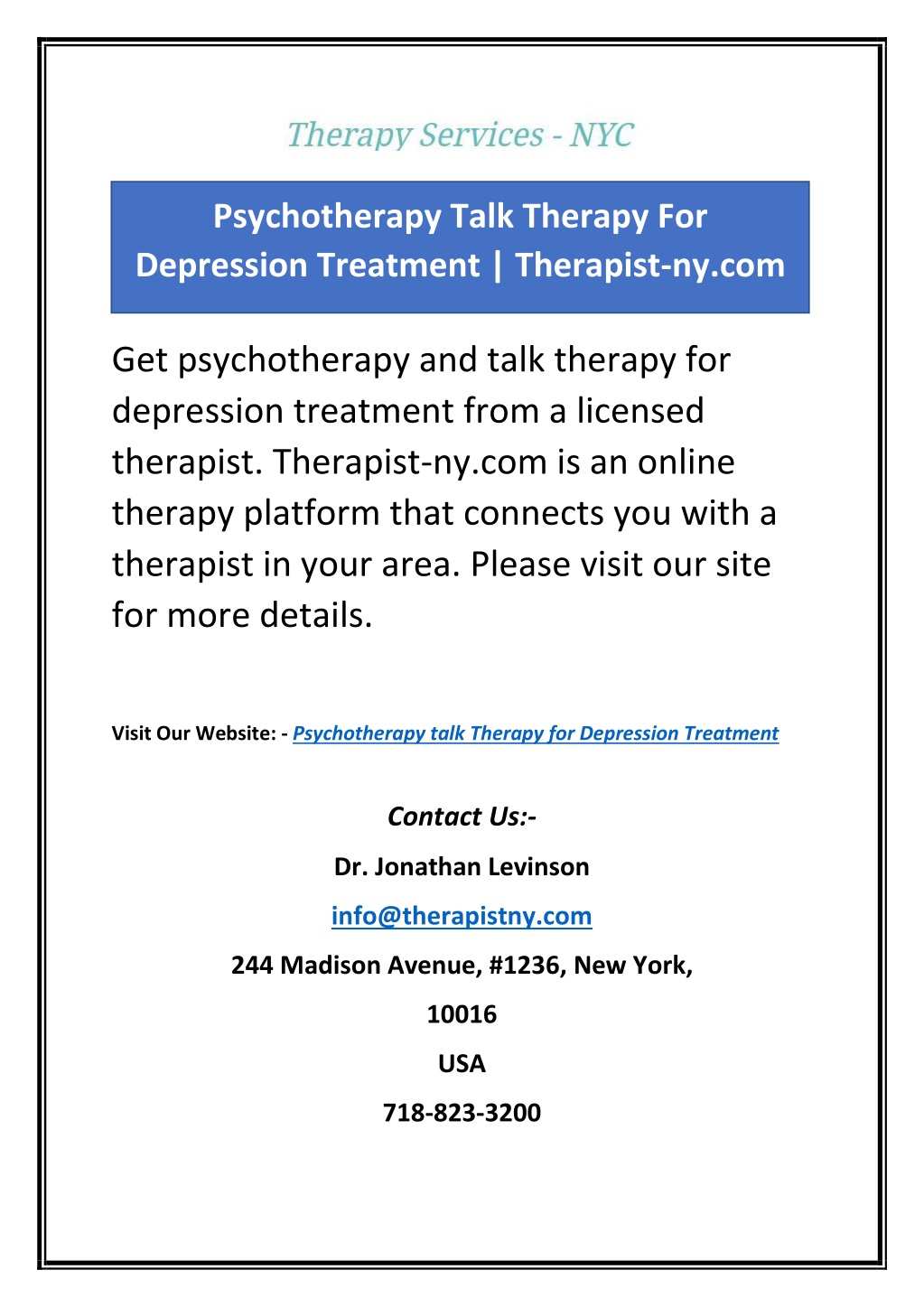 PPT - Psychotherapy Talk Therapy For Depression Treatment | Therapist ...