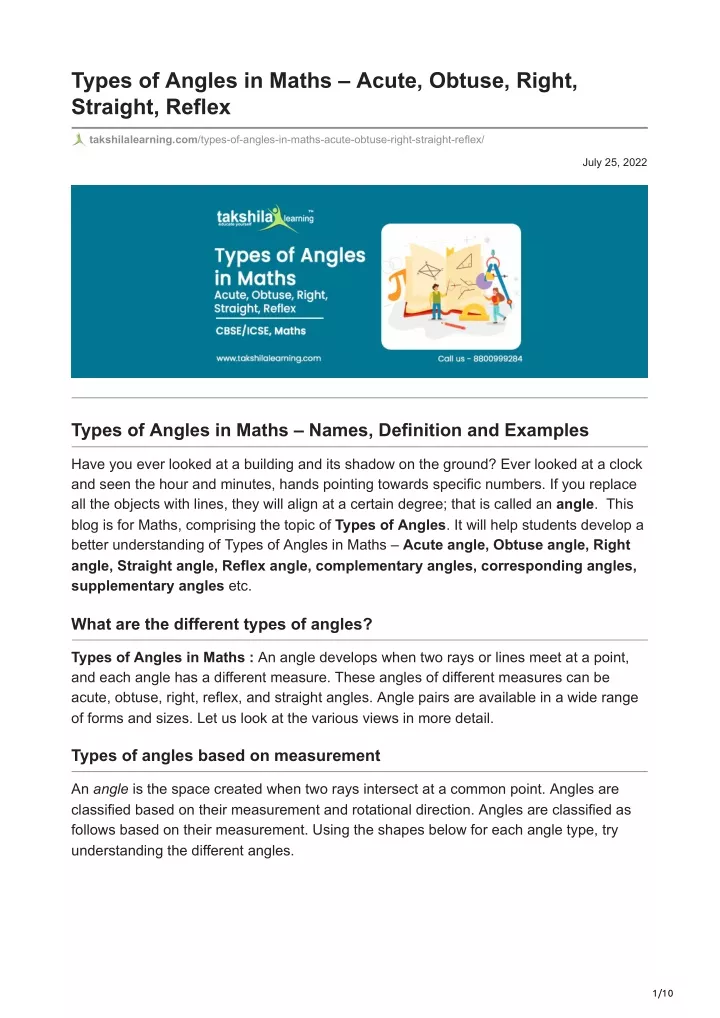 PPT - Types of Angles in Maths Acute Obtuse Right Straight Reflex ...