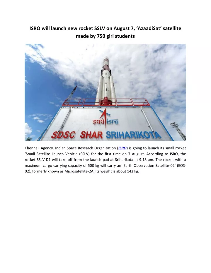 PPT - ISRO will launch new rocket SSLV on August 7, ‘AzaadiSat ...