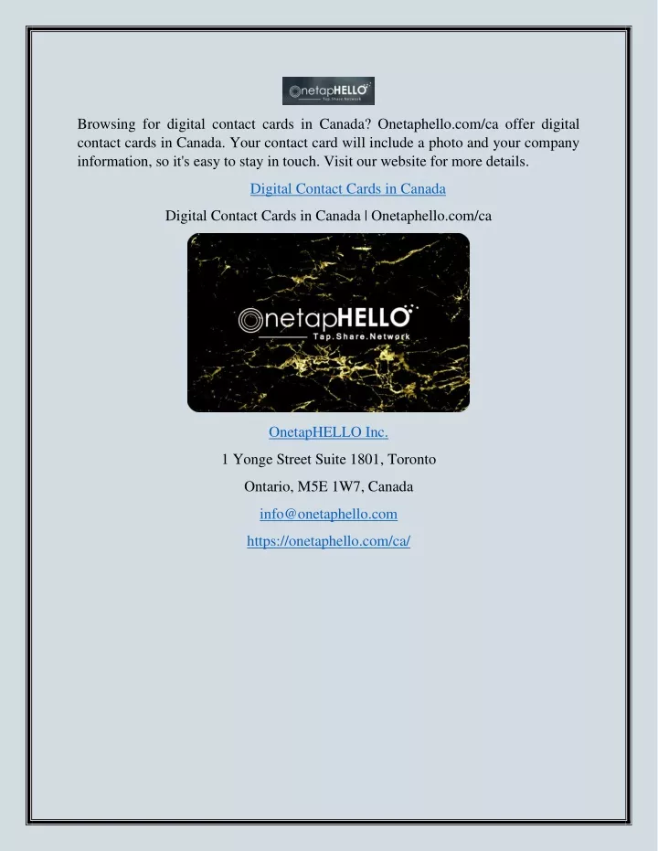 PPT - Digital Contact Cards in Canada | Onetaphello.com/ca PowerPoint ...