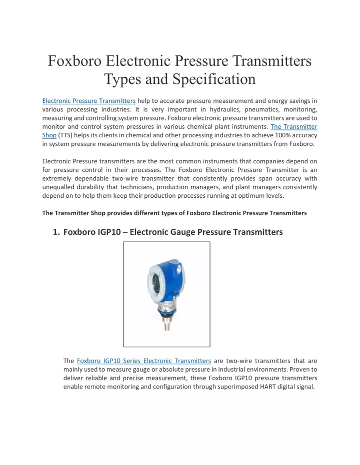 PPT - Foxboro Electronic Pressure Transmitters Types and Specification ...