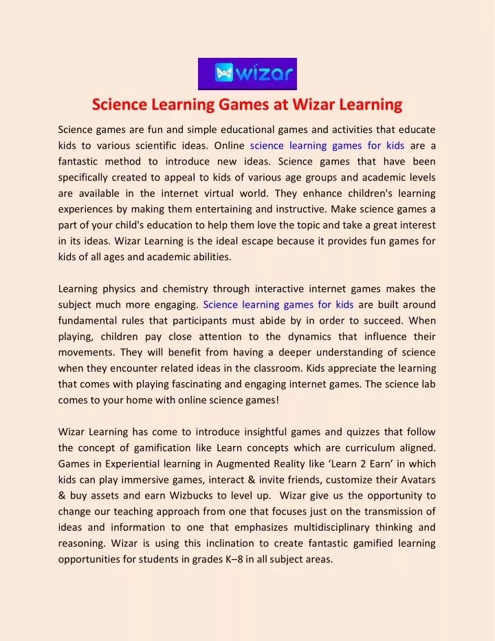 PPT - Science Learning Games at Wizar Learning PowerPoint Presentation ...