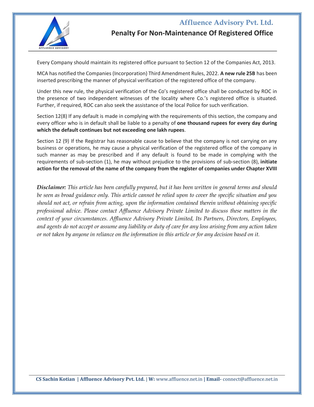 PPT - Penalty For Non-Maintenance Of Registered Office - Affluence ...