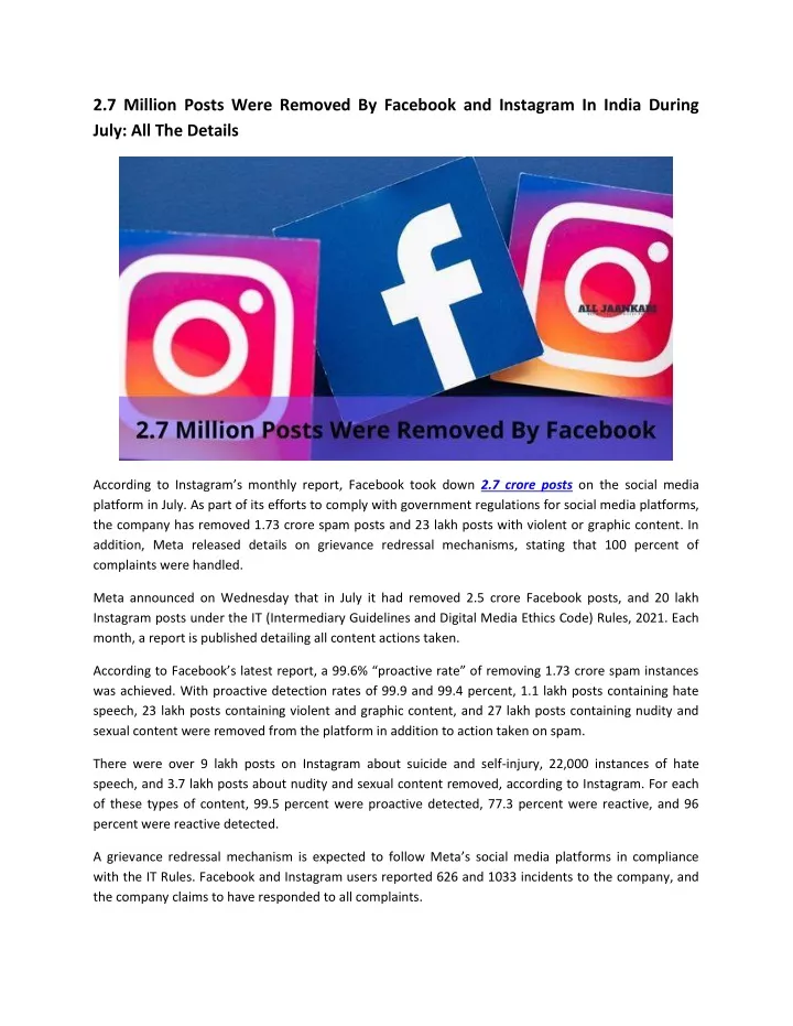PPT - 2.7 Million Posts Were Removed By Facebook and Instagram In India ...