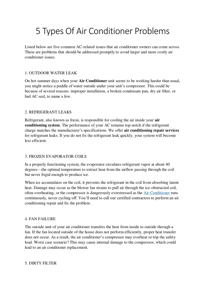 PPT - 5 Types Of Air Conditioner Problems PowerPoint Presentation, free ...