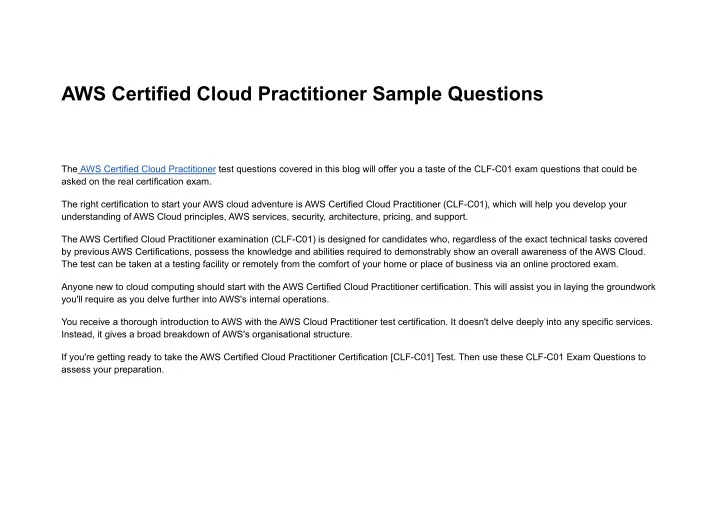 PPT - AWS Certified Cloud Practitioner Sample Questions PowerPoint ...