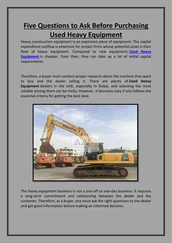 PPT - Five Questions to Ask Before Purchasing Used Heavy Equipment ...