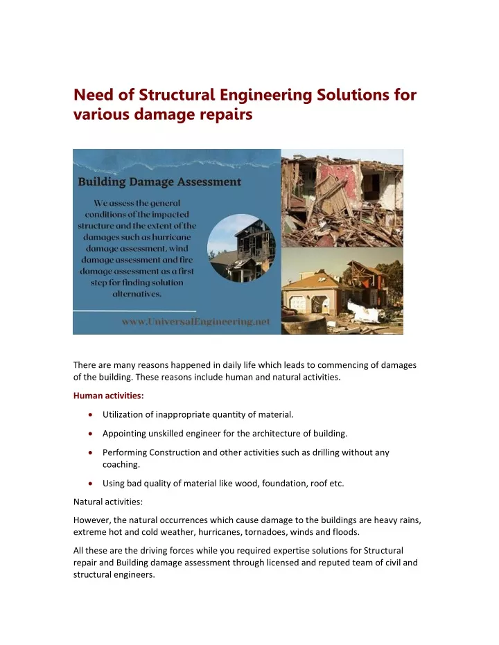 PPT - Need of Structural Engineering Solutions for various damage ...