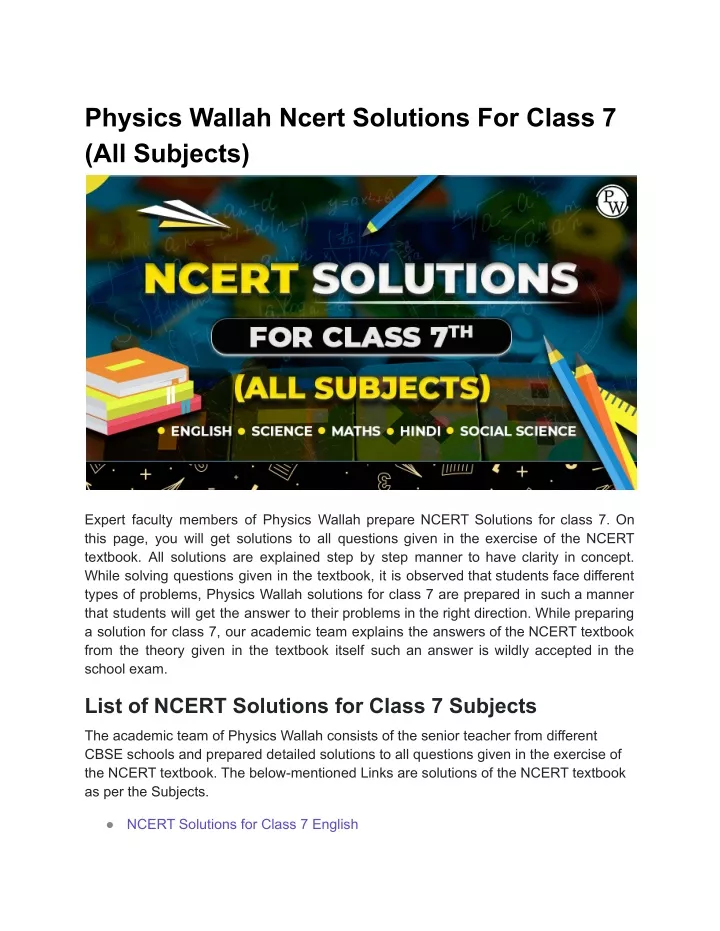PPT - Physics Wallah Ncert Solutions For Class 7 (All Subjects ...