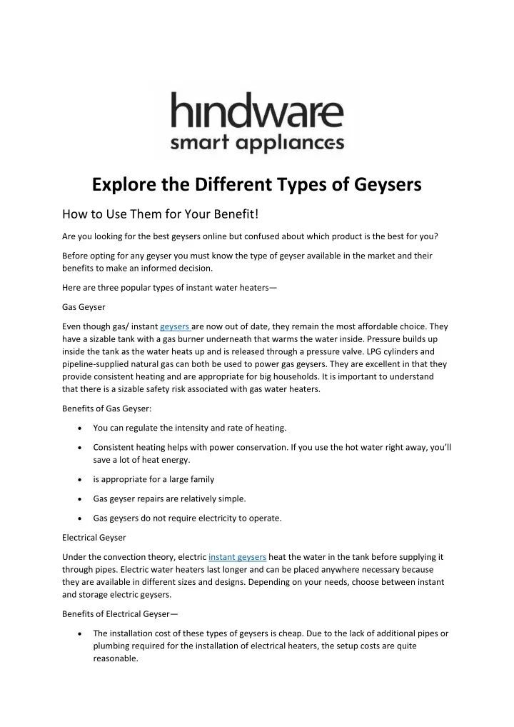 PPT - Explore the Different Types of Geysers and How to Use Them for ...