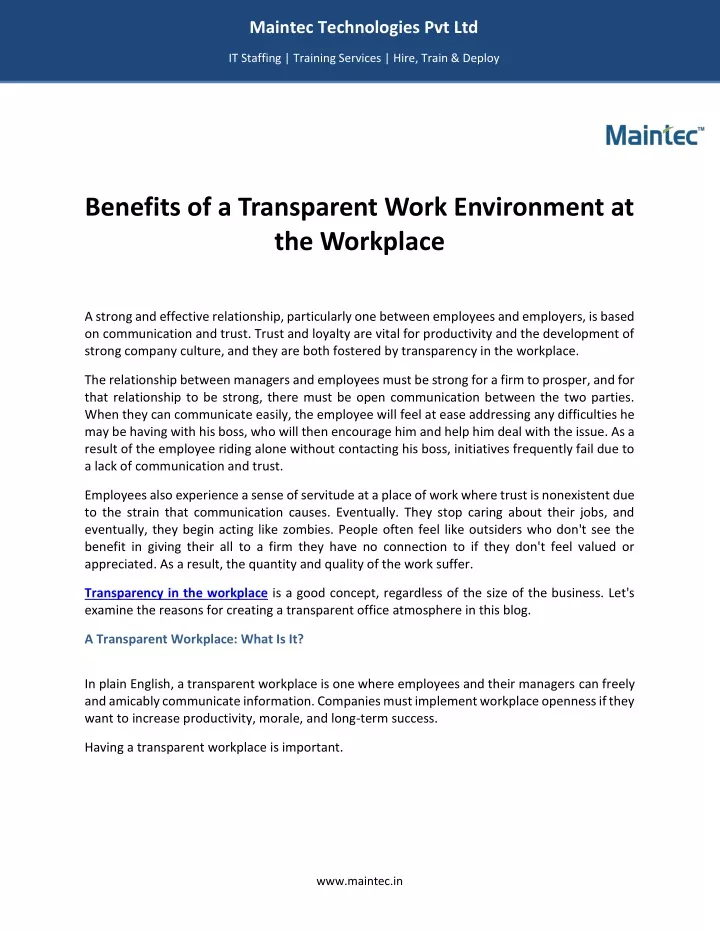 PPT - Benefits of Transparent Work environment PowerPoint Presentation ...