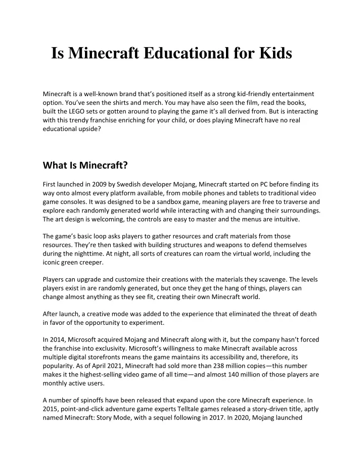 PPT - Is Minecraft Educational for Kids? PowerPoint Presentation, free ...