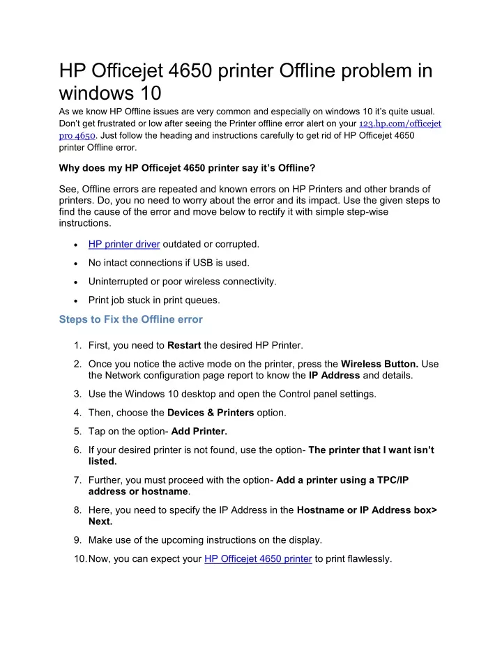 PPT - HP Officejet 4650 printer Offline problem in windows 10 ...