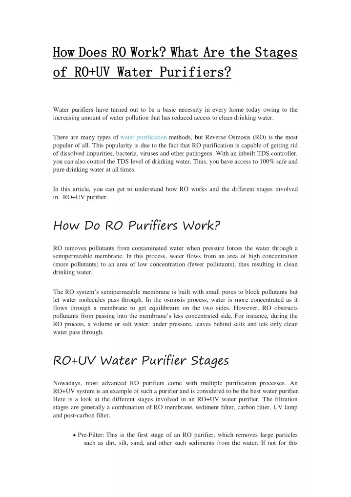 PPT - How Does RO Work? What Are the Stages of RO UV Water Purifiers ...