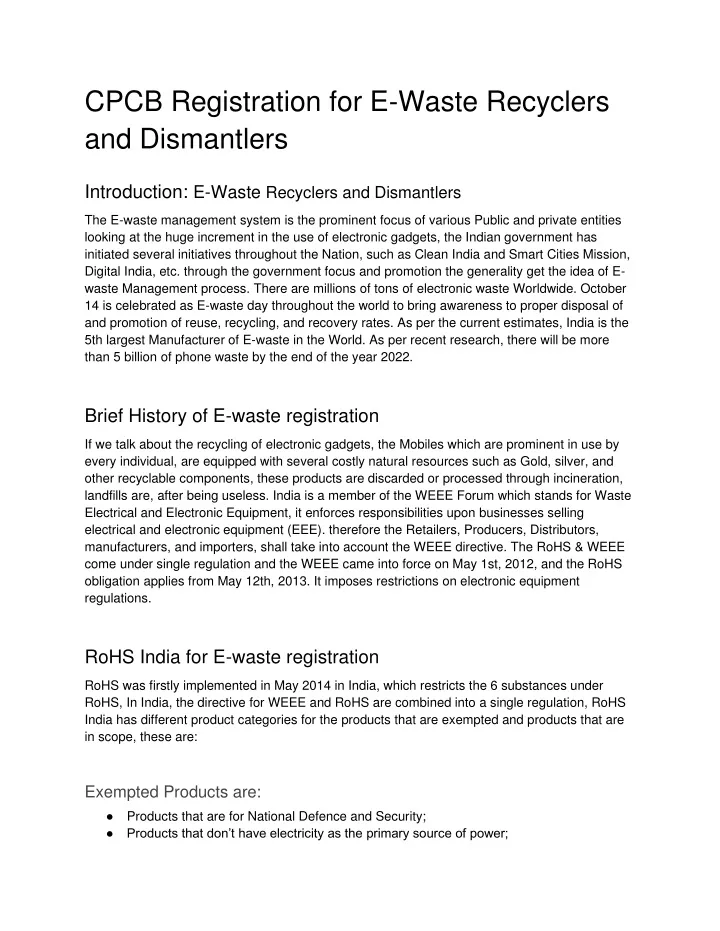 PPT - CPCB Registration for E-Waste Recyclers and Dismantlers ...