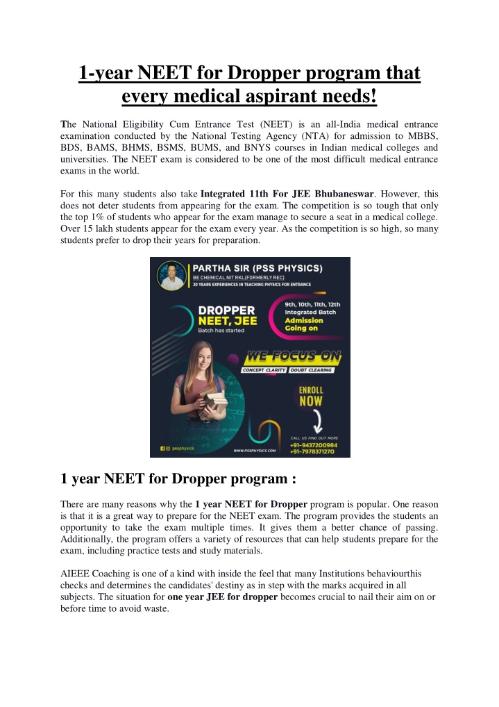 PPT - 1-year NEET For Dropper Program That Every Medical Aspirant Needs ...