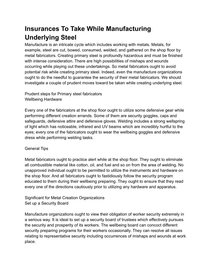 PPT - Insurances To Take While Manufacturing Underlying Steel ...