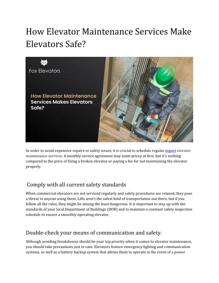 PPT - How Elevator Maintenance Services Make Elevators Safe PowerPoint Presentation - ID:11716517