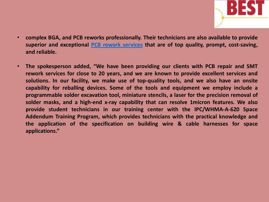 PPT - BEST Inc. Offers PCB Rework Services and IPC A 620 Training ...