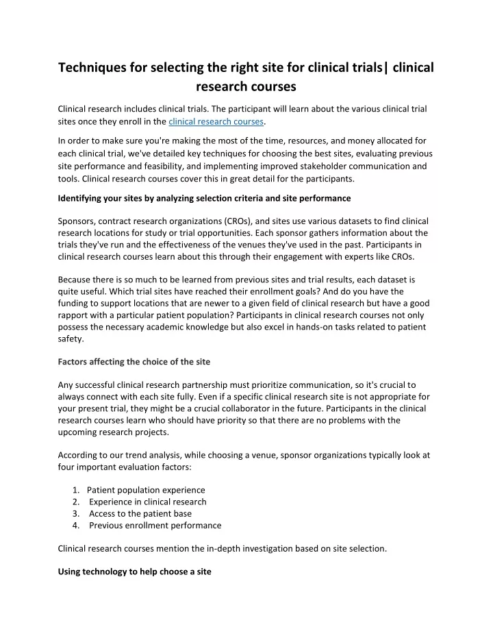 PPT - Techniques for selecting the right site for clinical trials ...