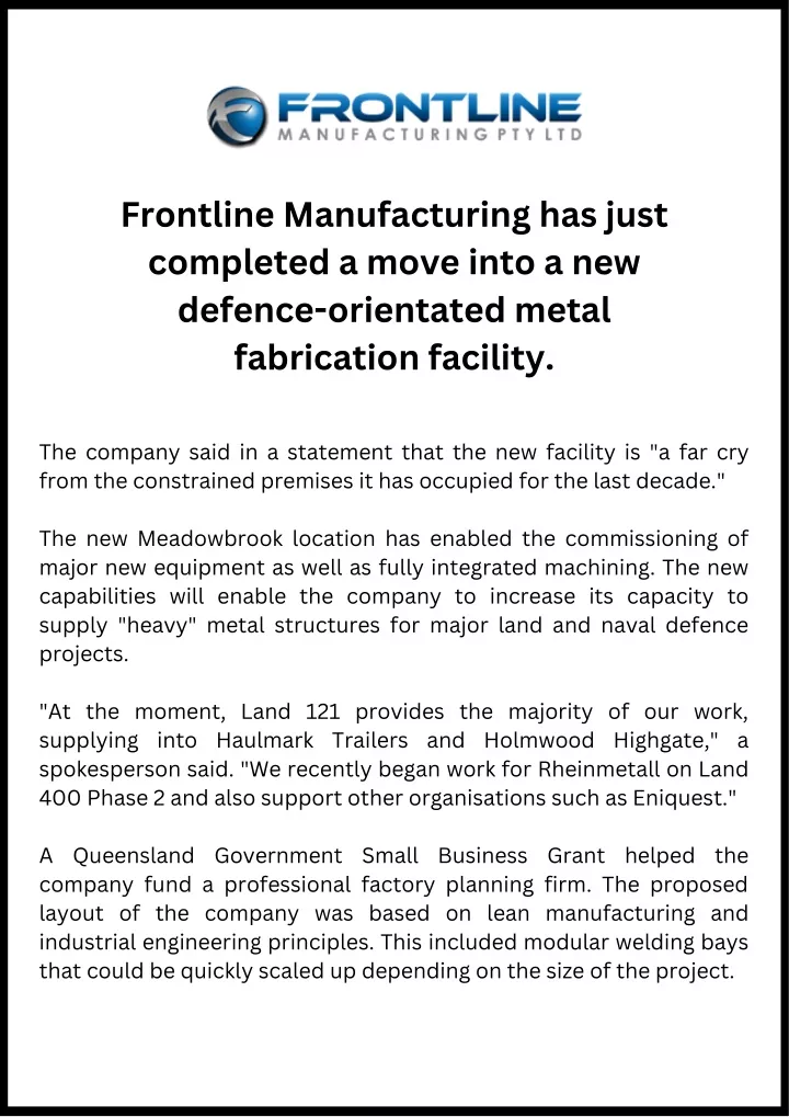 PPT - Frontline Manufacturing |New Defence-Orientated Metal Fabrication ...