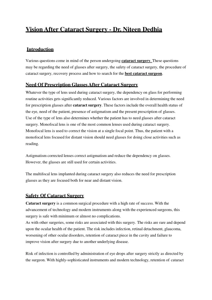 PPT - Vision After Cataract Surgery - Dr. Niteen Dedhia PowerPoint ...