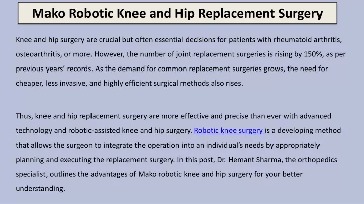 PPT - Mako Robotic Knee and Hip Replacement Surgery Gurgaon, India ...