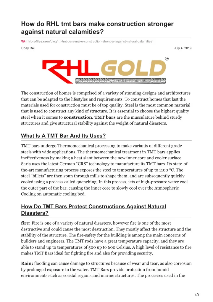 PPT - rhlprofiles.com-How do RHL tmt bars make construction stronger ...