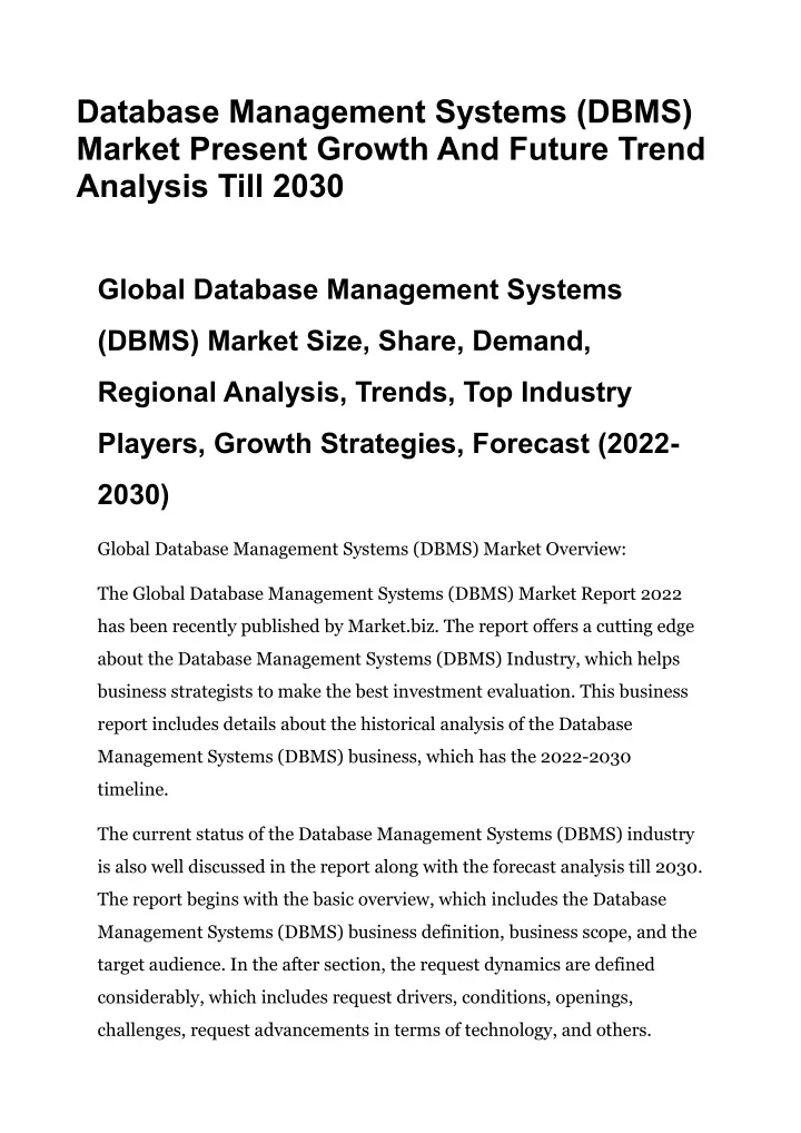 PPT - Database Management Systems (DBMS) Market Present Growth And ... PPT - Database Management Systems (DBMS) Market Present Growth And ...
