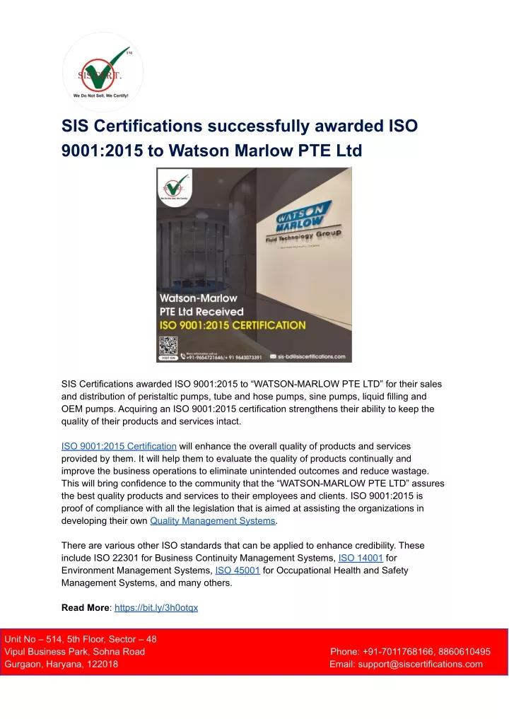 PPT - SIS Certifications successfully awarded ISO 9001_2015 to Watson ...